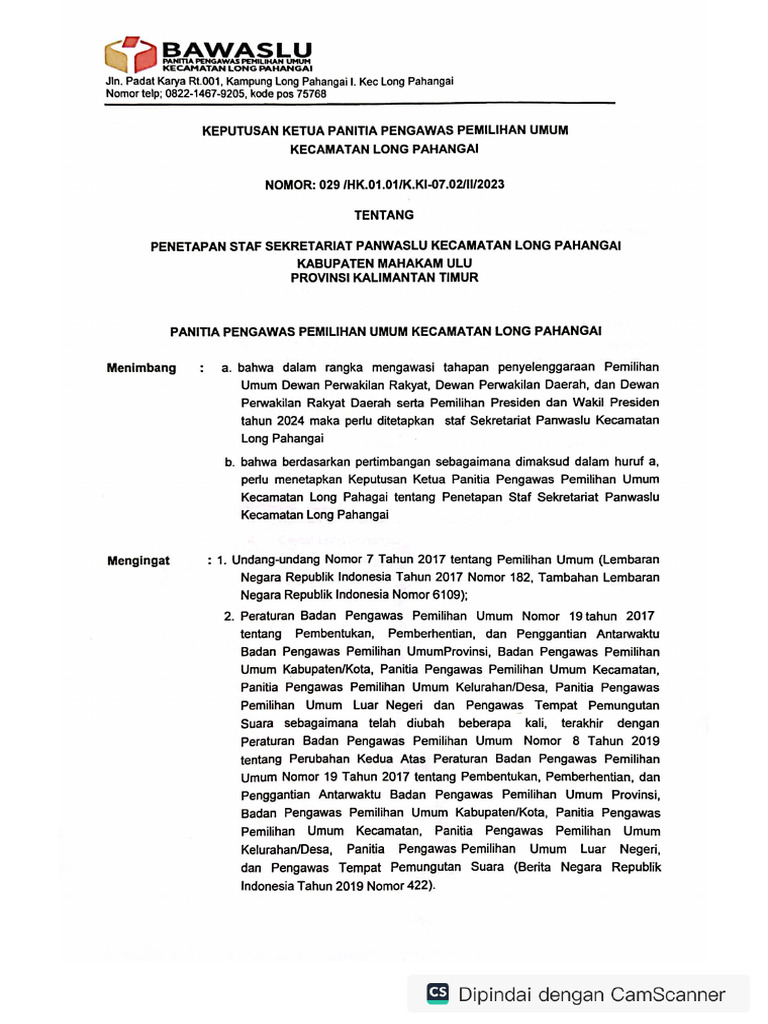 SK Sekretariat Panwas Long Pahangai | PDF