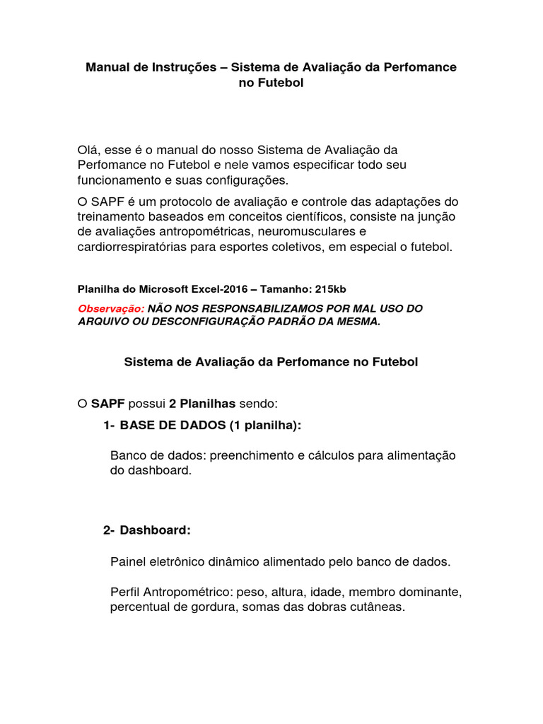 Manual do Sistema de Avaliação no Futebol | PDF