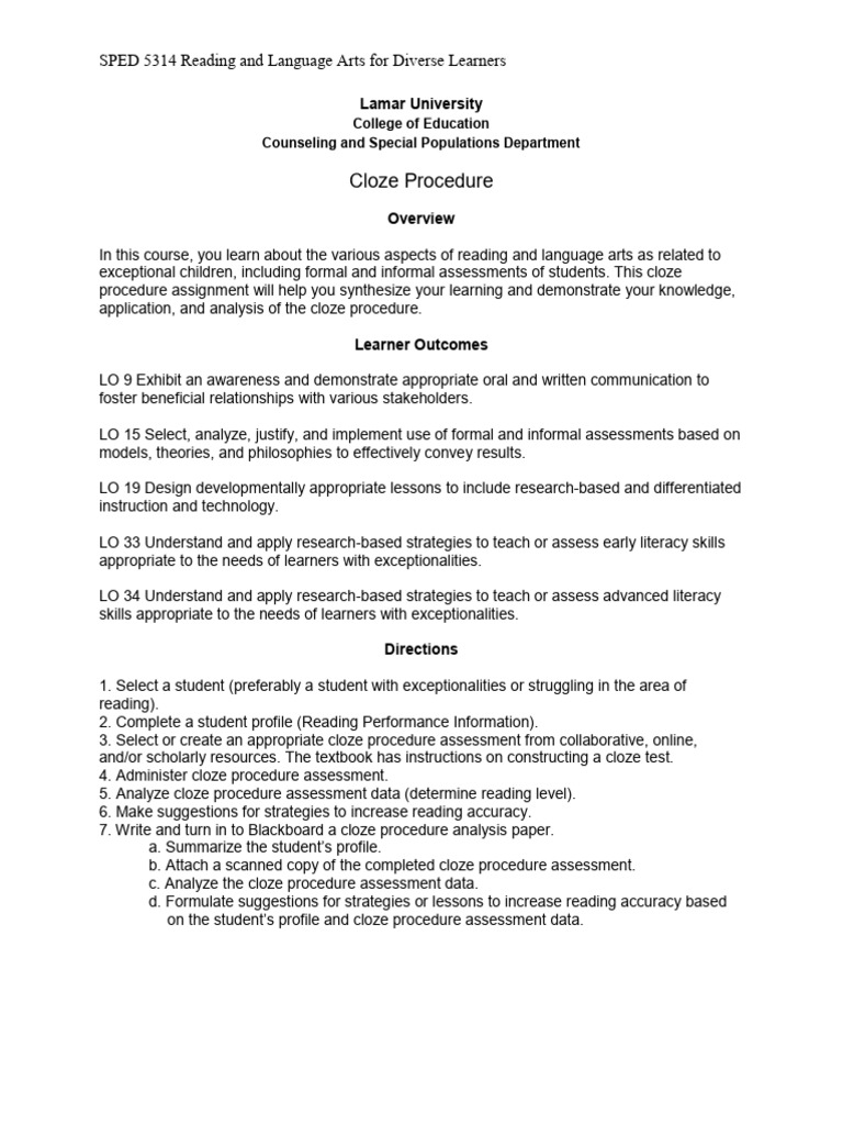 SPED 5314 Cloze Procedure Guidelines | PDF | Learning | Cognitive Science