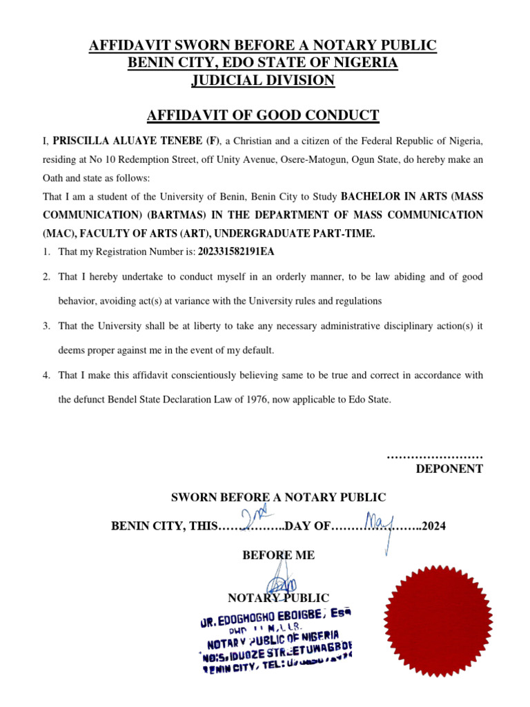 Affidavit of Good Conduct | PDF | Affidavit | Notary Public