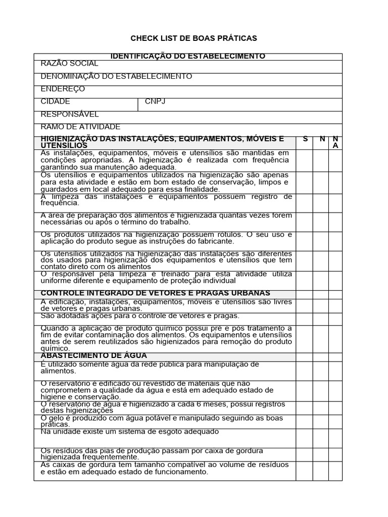 Check List de Boas Práticas Sanitárias | PDF | Desperdício | Embalagem ...