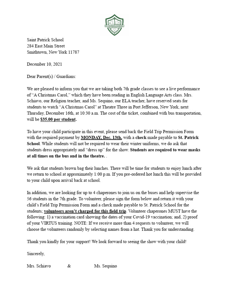 Field Trip Letter to Parents Dec 2021 | PDF