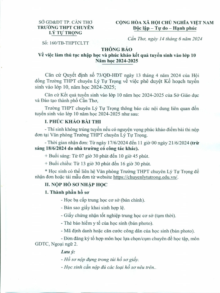 Thong Bao VV Lam Thu Tuc Nhap Hoc Va Phuc Khao Ket Qua Ts Vao Lop 10 NH 2024 2025 | PDF
