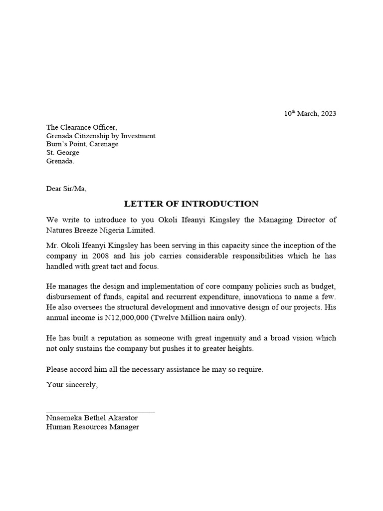 Sample Letter of Introduction - Grenada | PDF | Business | Finance ...