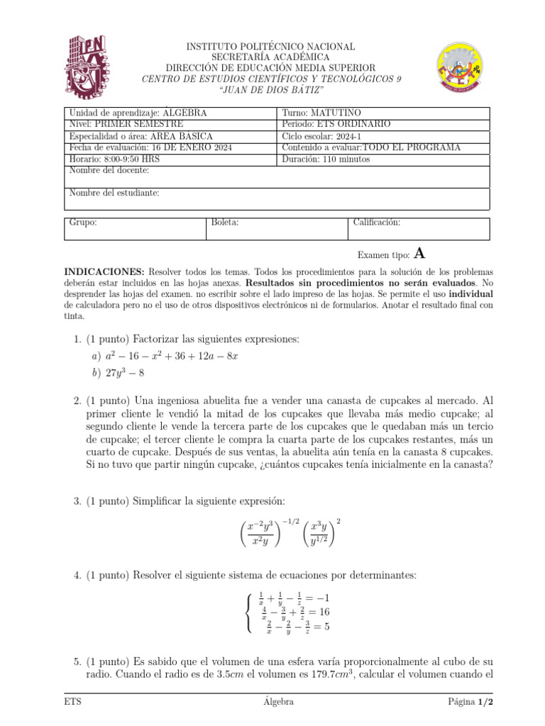 Examen de Álgebra Primer Semestre | PDF | Matemáticas