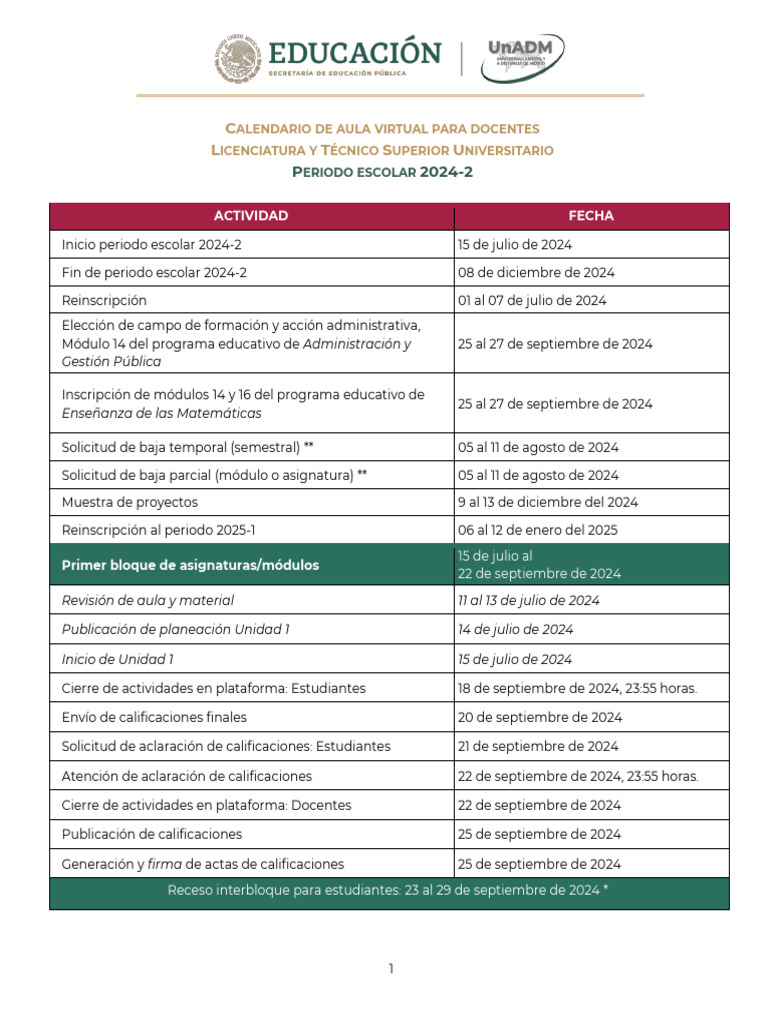 Calendario Escolar 2024-2 para TSU | PDF