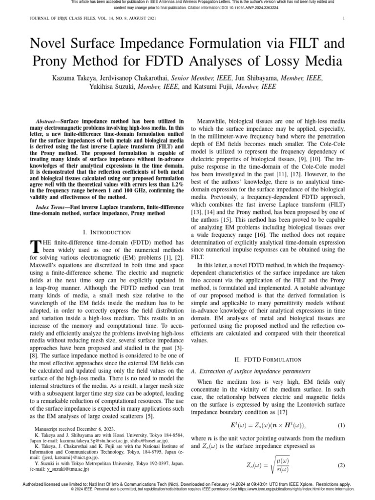 Novel Surface Impedance Formulation Via FILT and Prony Method For FDTD Analyses of Lossy Media ...