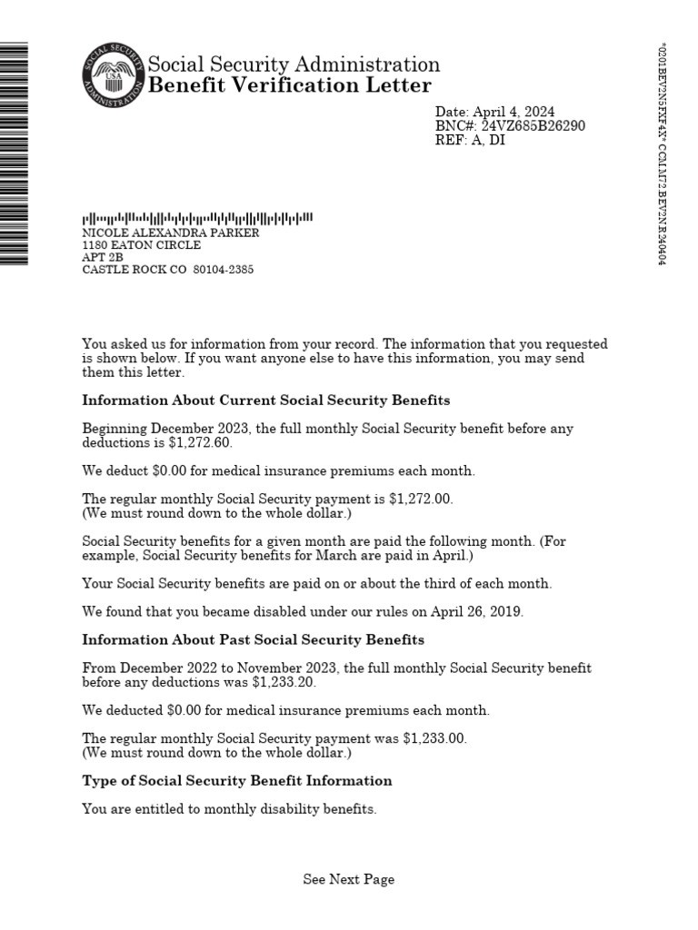 Benefit Verification Letter | PDF | Social Security (United States ...