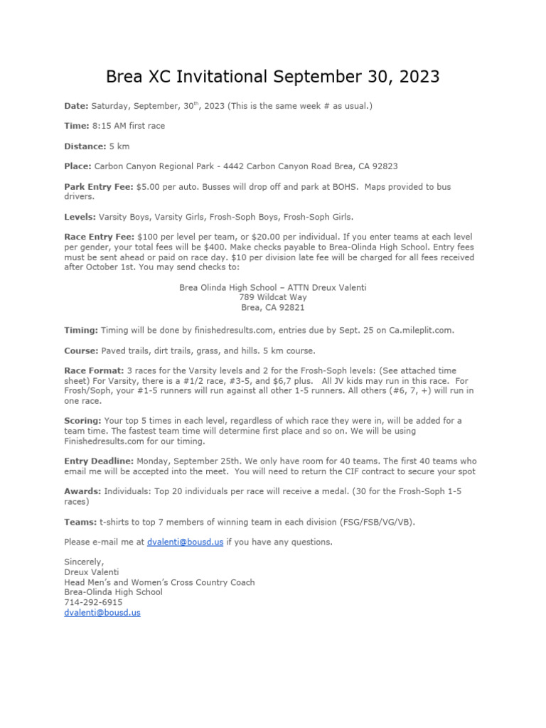 Brea XC Invitational 2023 Details | PDF