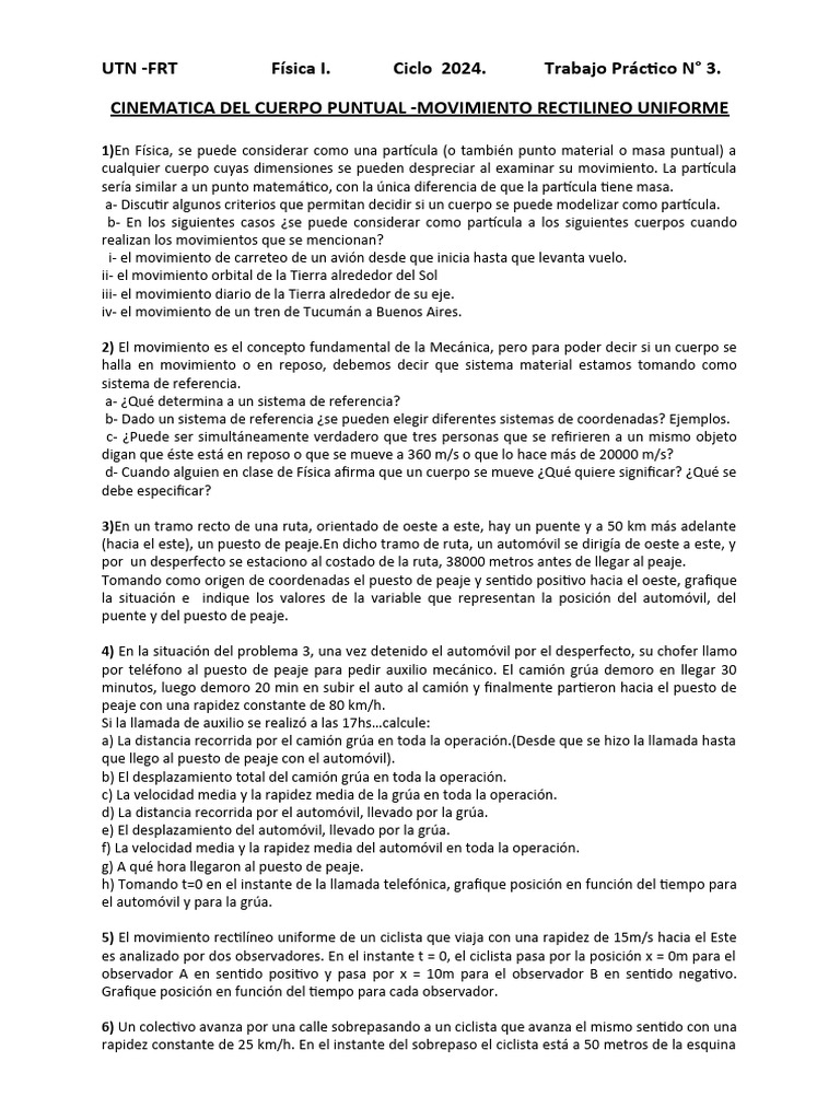 TP Nro 3 - Fisica I - Ciclo 2024 - Cinematica - MRU | PDF | Cinemática | Velocidad