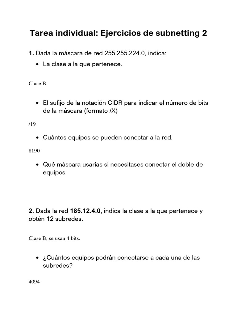 Tarea Individual Ejercicios de Subnetting | PDF
