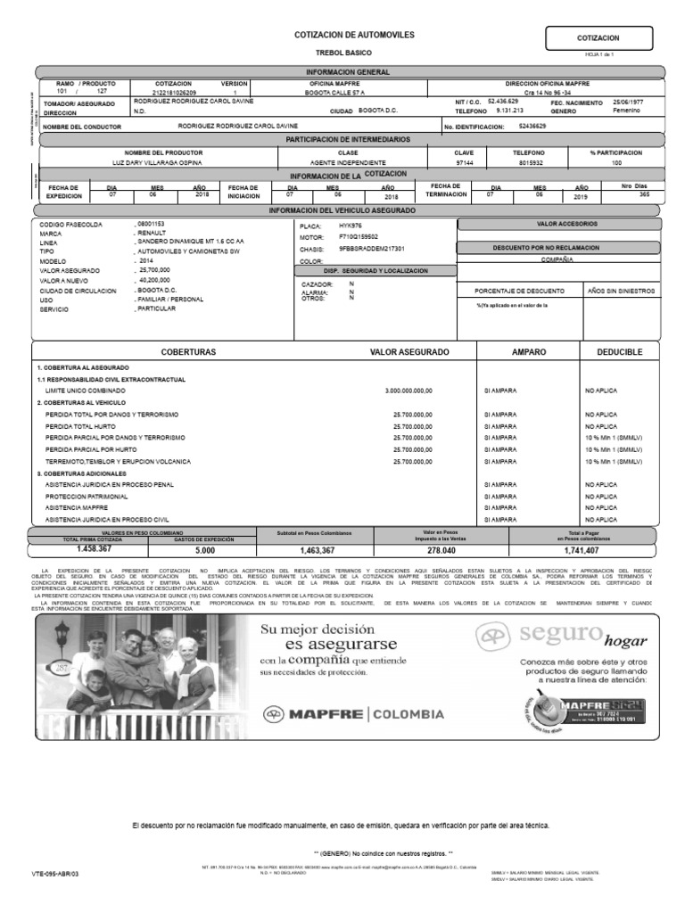 COTIZACION MAPFRE BASICO | PDF | Vehículos terrestres | Vehículos