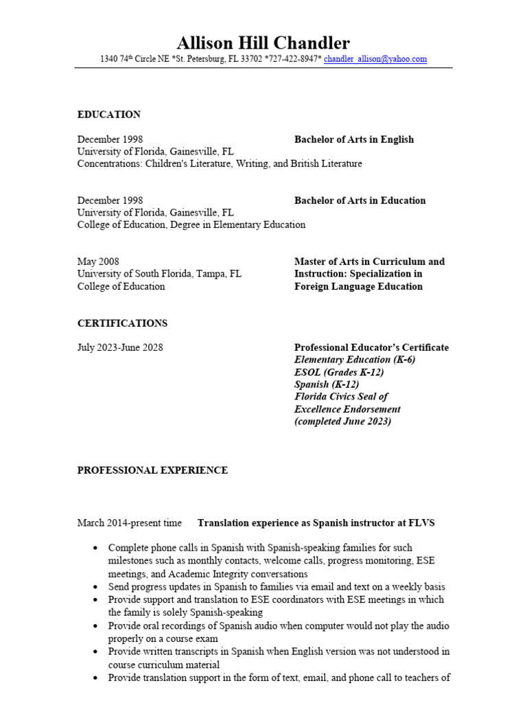 Résumé of Allison Chandler2023 | PDF | Learning | Teachers
