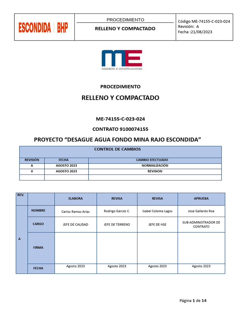 Procedimiento de Relleno y Compactado Rev.0 | PDF | Residuos | Minería