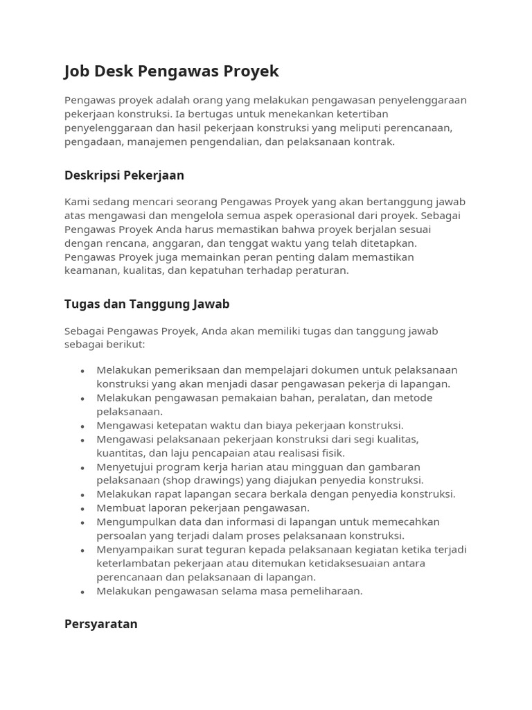 Job Desk Pengawas Proyek | PDF