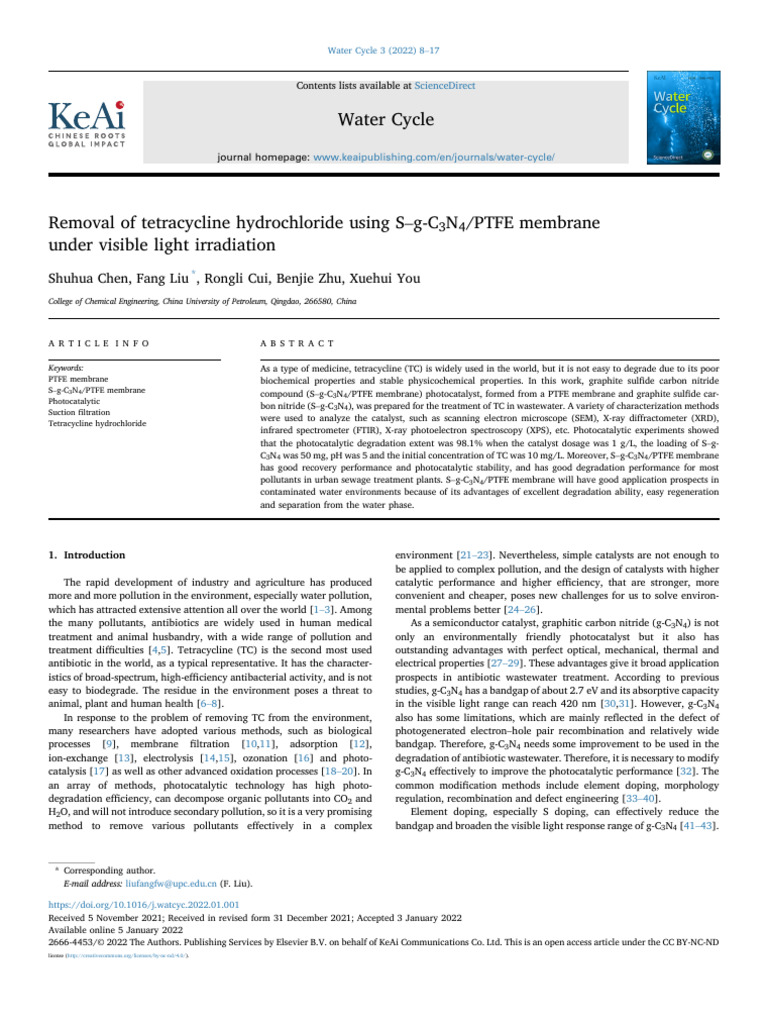 Removal of Tetracycline Hydrochloride Using S-g-C3N4 PTFE Membrane Under Visible Light ...