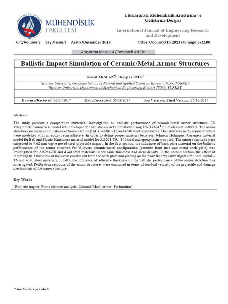 Ballistic Impact Simulation of Ceramic-Metal Armor Structures (2017 ...