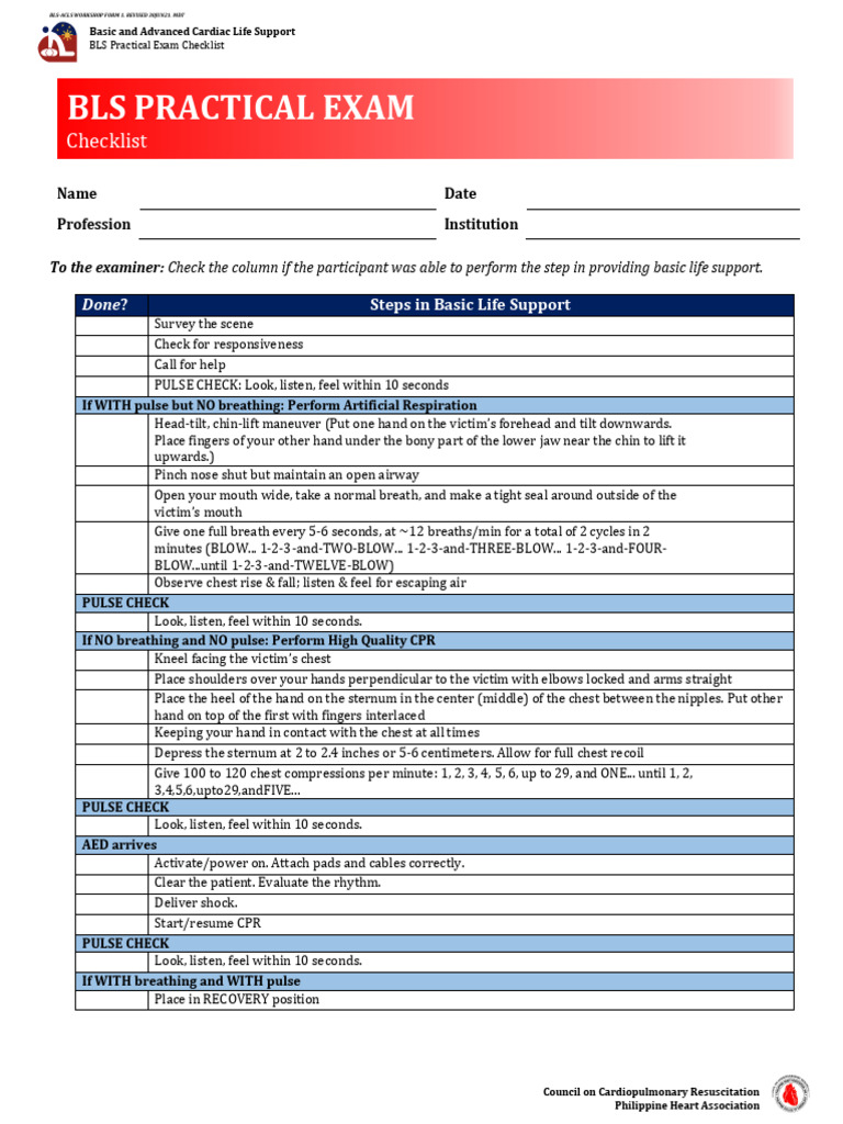 Worksheet 1 BLS EXAM Checklist 60 COPIES | PDF | Cardiopulmonary ...