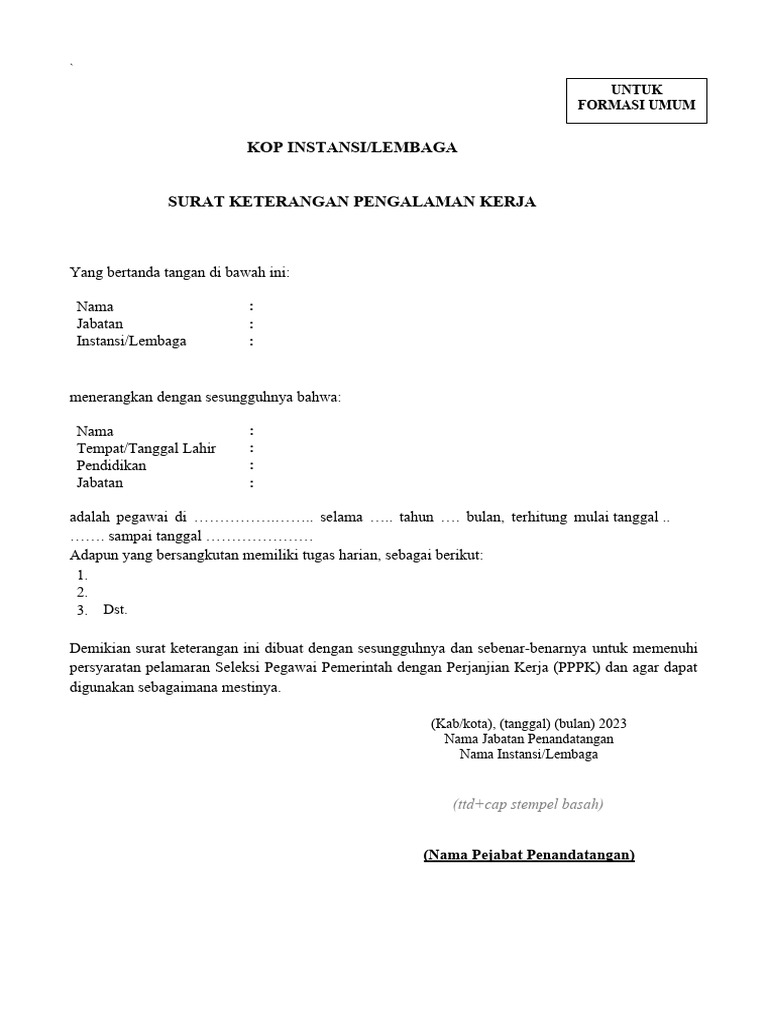 Surat Keterangan Pengalaman Kerja PPPK | PDF