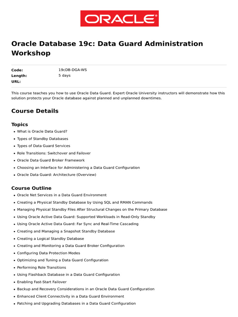 Oracle Database 19c Data Guard Administration Workshop Pdf