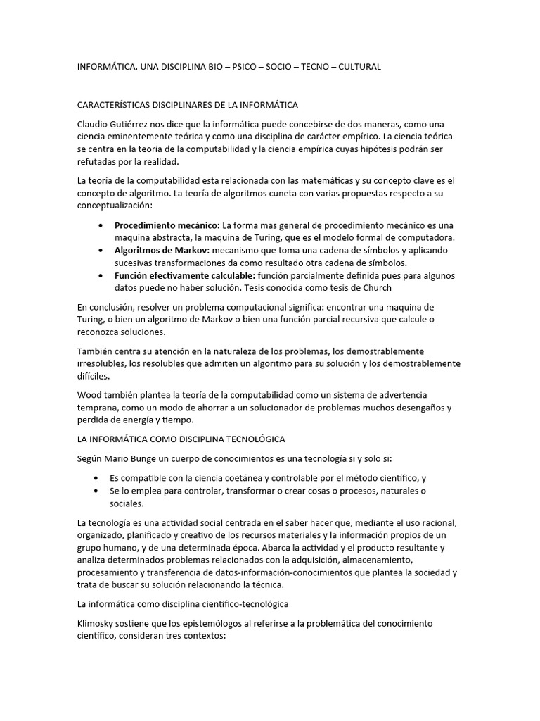INFORMÁTICA Resumen | PDF | Ciencias de la Computación | Teoría de la computabilidad
