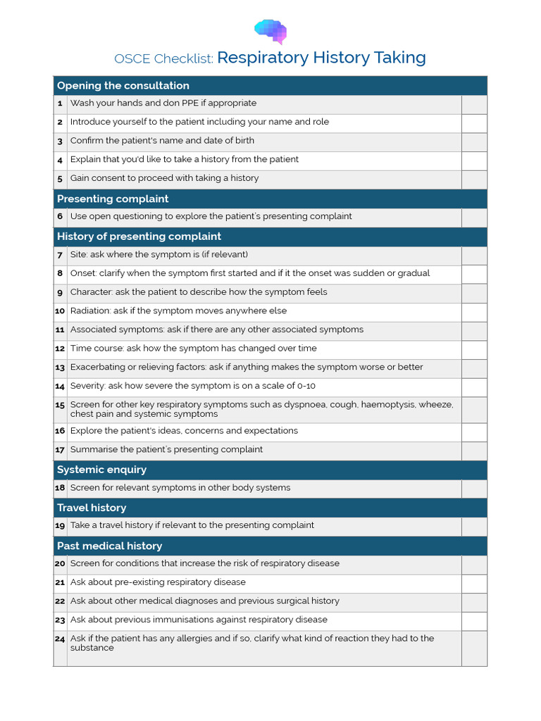 OSCE Checklist Respiratory History Taking | PDF | Medical Specialties ... OSCE Checklist Respiratory History Taking | PDF | Medical Specialties ...