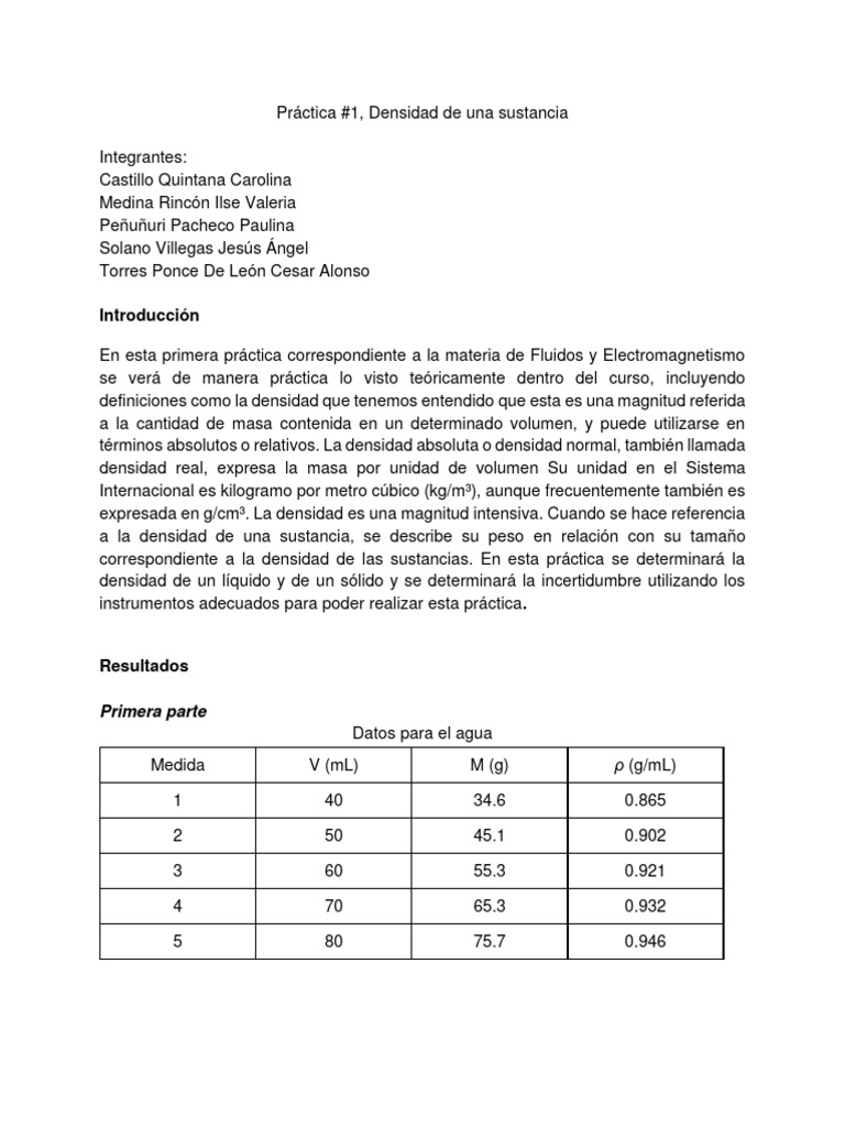 PrÃ¡ctica #1 | PDF | Densidad | Volumen