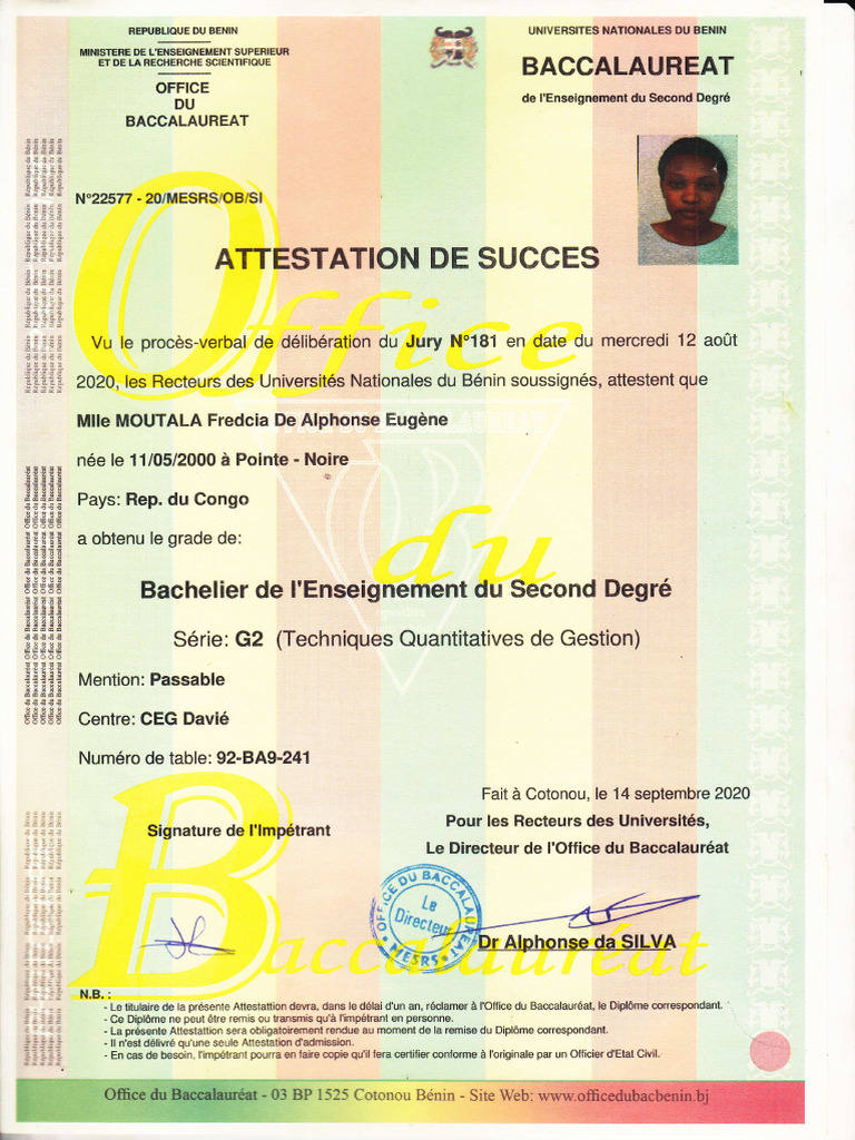 Attestation de réussite au Bac 2020 | PDF | Niveaux d'enseignement ...