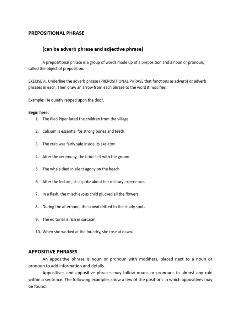 2APPOSITIVE, INFINITIVE, PREPOSITIONAL Phrase | PDF | Adverb ...