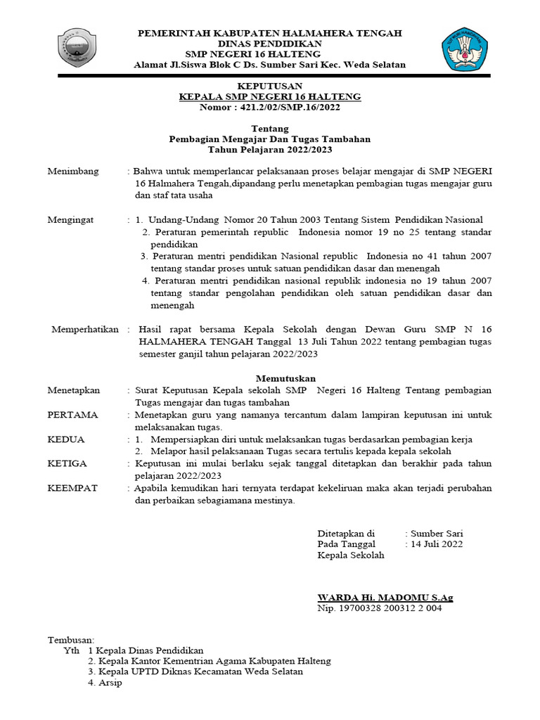 SK Pembagian Tugas 2021-2022 | PDF