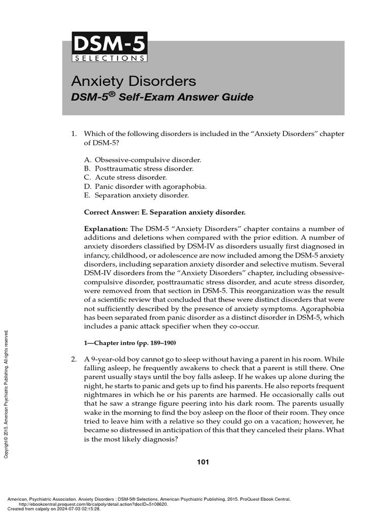 Anxiety Disorders DSM-5® Selections - (DSM-5® Self-Exam Answer Guide) | PDF | Panic Attack | Phobia