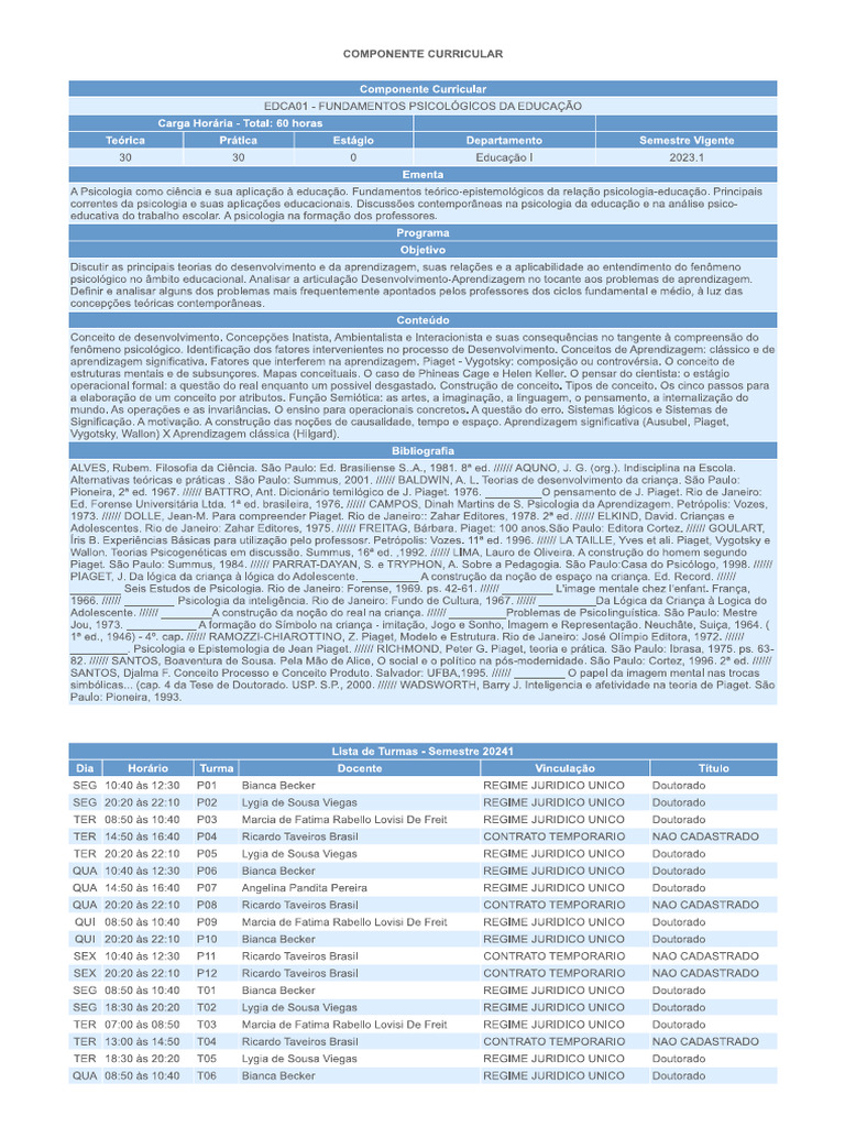 Fundamentos Psicologicos Da Educacao - Ementa | PDF