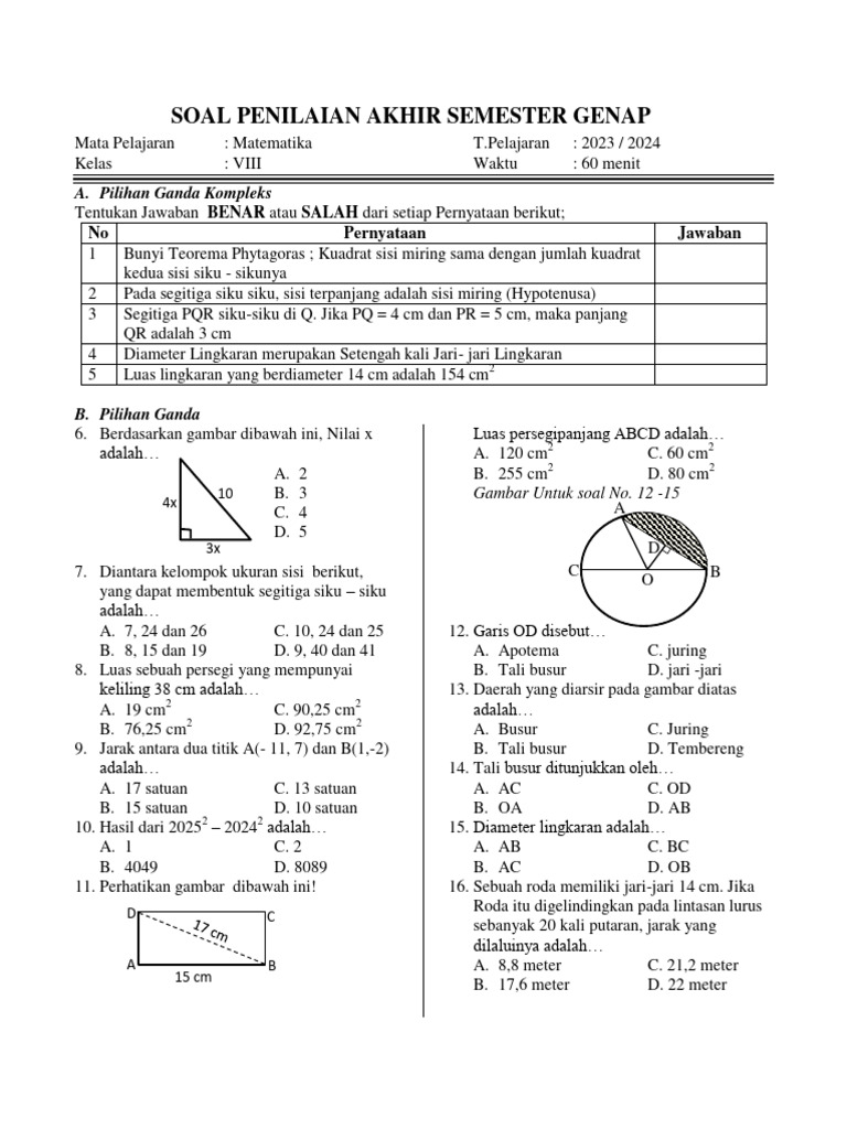 Soal MTK Kls 8 Sem 2 | PDF
