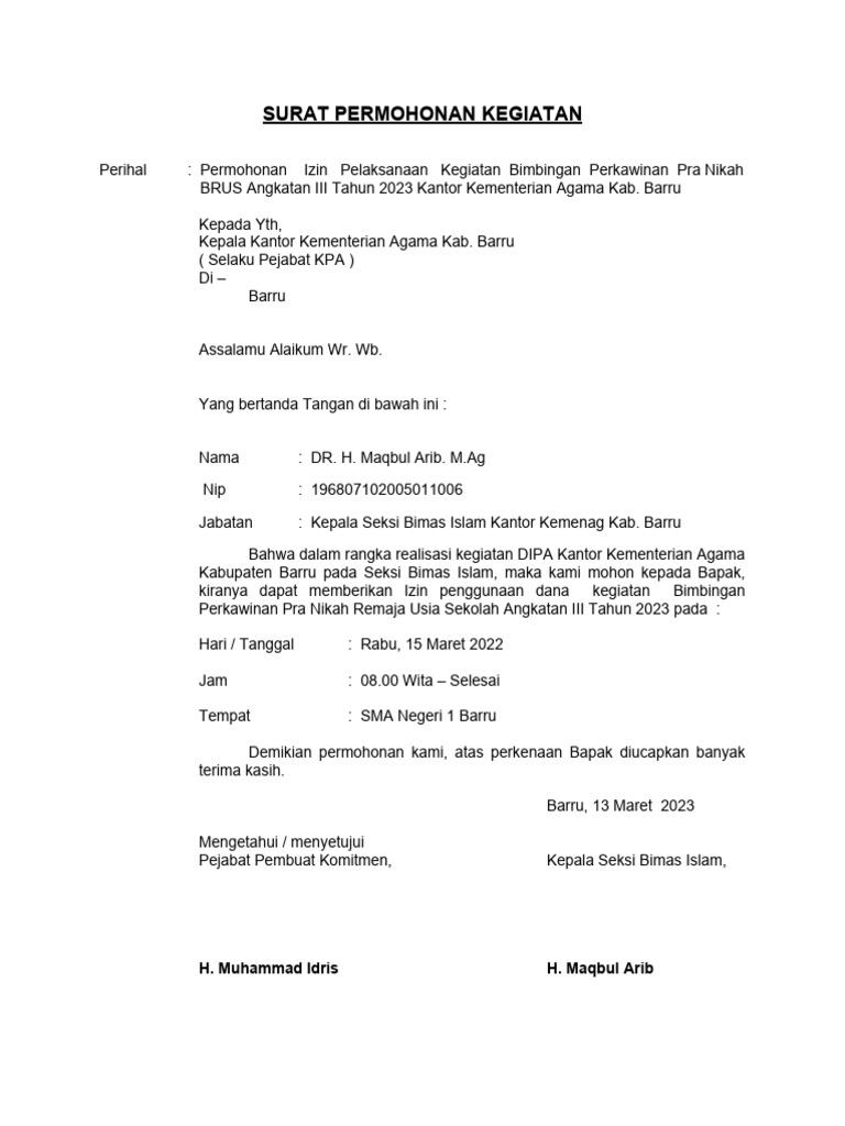 SURAT PERMOHONAN KEGIATAN BRUS | PDF SURAT PERMOHONAN KEGIATAN BRUS | PDF