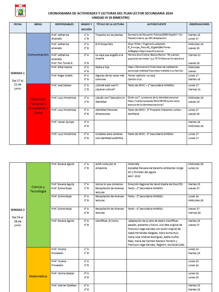 Cronograma de Activ y Lect Propuestas Plan Lector 2024 | PDF Cronograma de Activ y Lect Propuestas Plan Lector 2024 | PDF