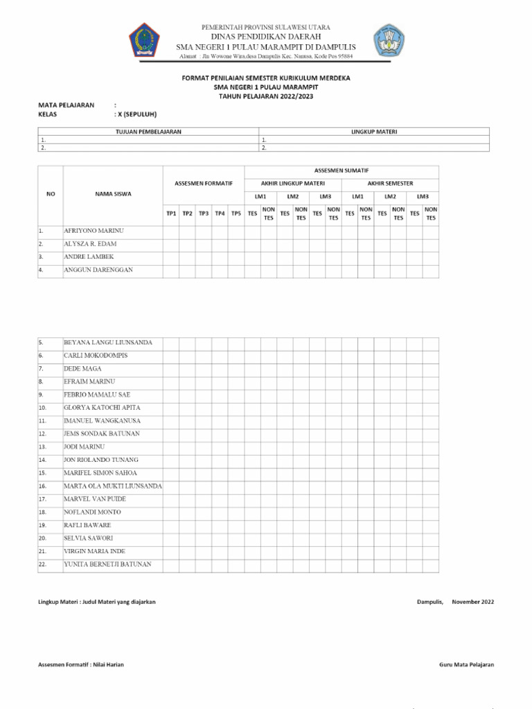 Format Penilaian Semester Kurikulum Merdeka Kelas X (Sepuluh) - Ilide ...