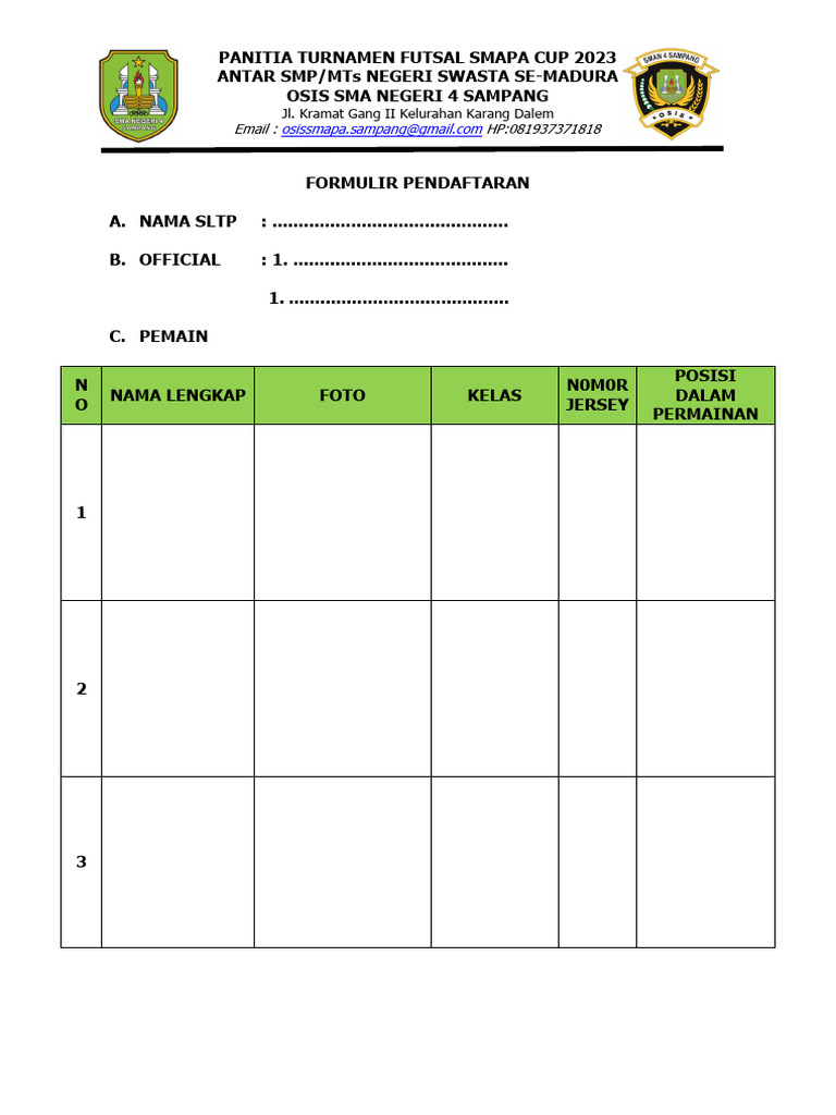 Formulir Turnamen Futsal SMAPA CUP 2023 | PDF