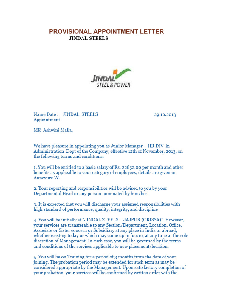 Provisional Appointment Letter Jindal Steels | PDF | Government ...