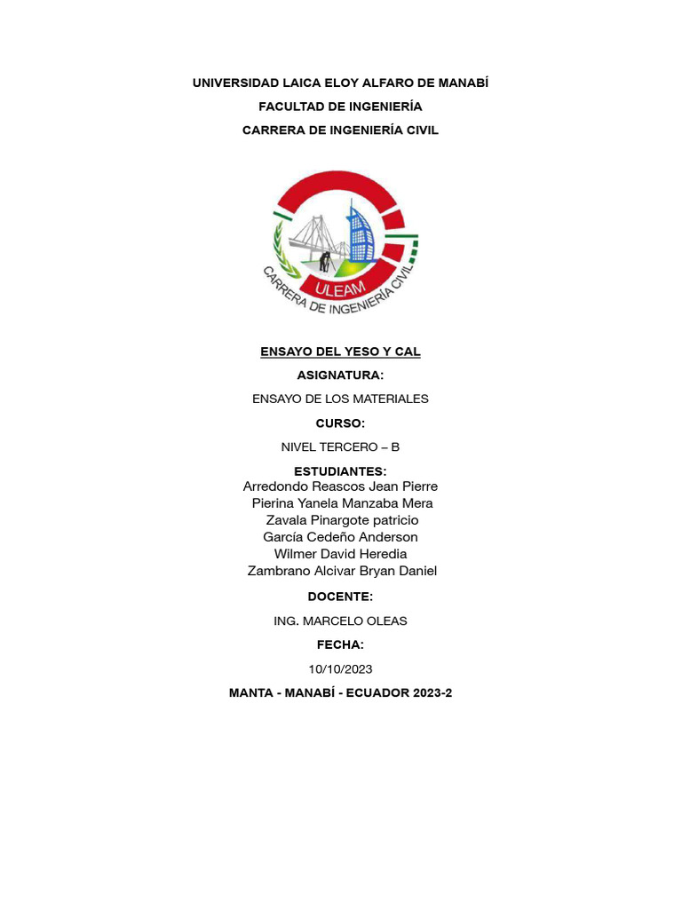 Ensayo Yeso, Cal, Cemento | PDF | Lima (Material) | Cemento