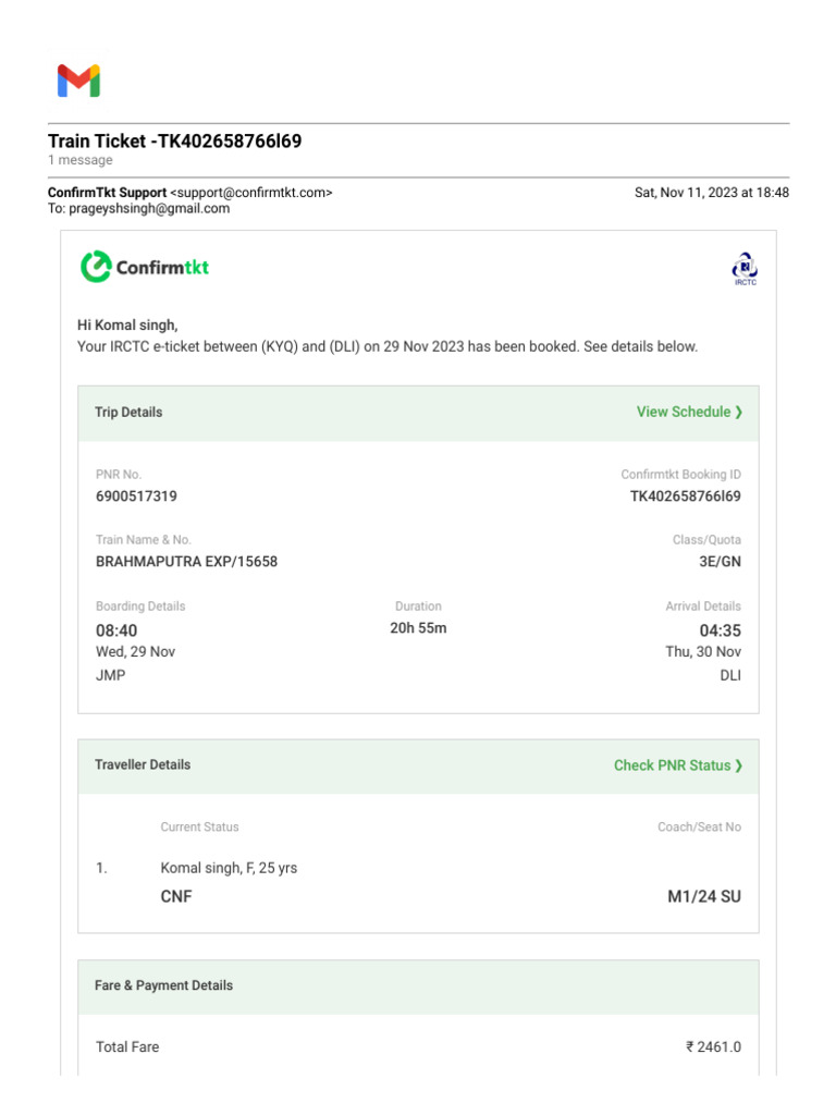Gmail - Train Ticket - TK402658766l69 | PDF | Fee | Fare