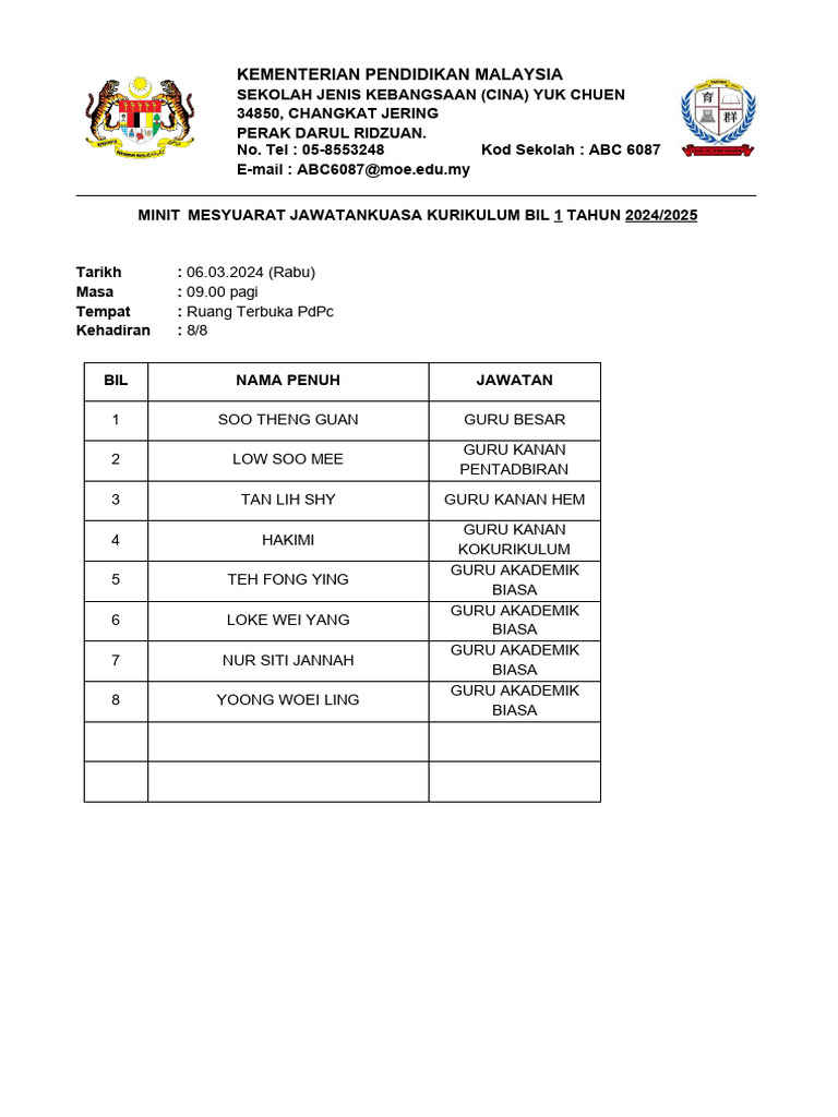 Minit Mesyuarat Jawatankuasa Kurikulum Bil 1 2023 - 2024 | PDF