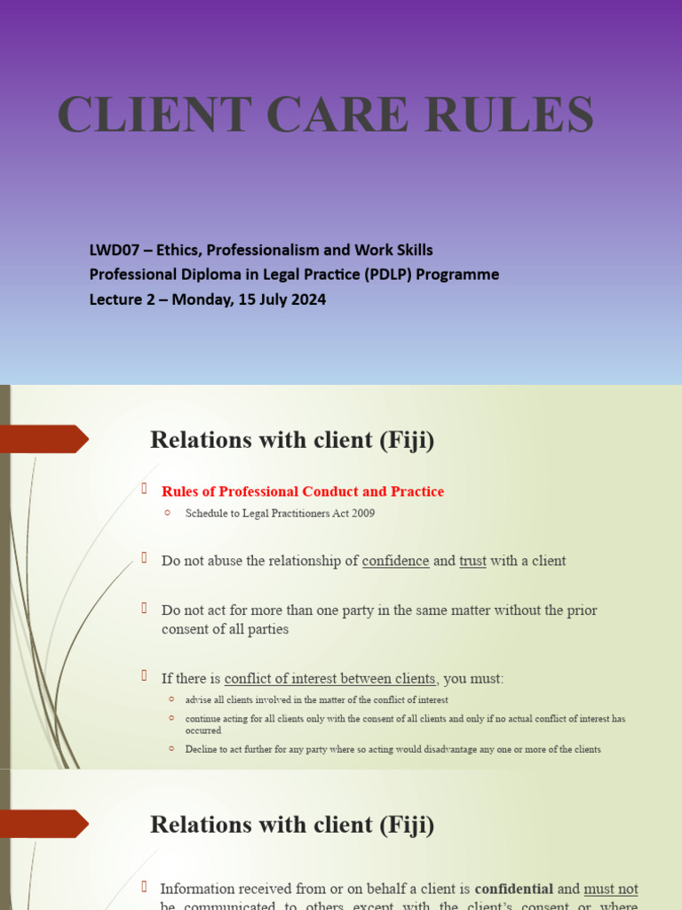 W1D1 Lecture 2 - Client Care Rules | PDF | Costs In English Law | Conflict Of Interest