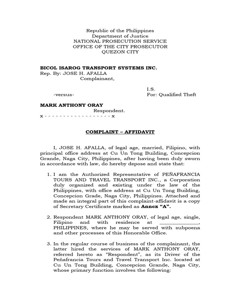 COMPLAINT_AFFIDAVIT - QUALIFIED THEFT (ORAY) | PDF | Theft | Justice