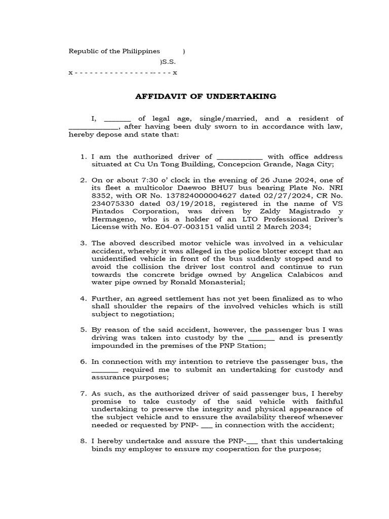 AFFIDAVIT OF UNDERTAKING - PNP - Ligao | PDF | Vehicles | Transport