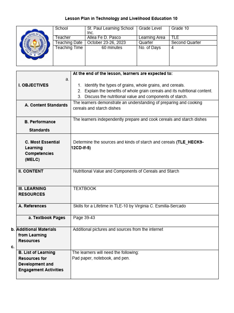 Quarter - 2 Grade 10 Tle Week - 1 | PDF | Cereals | Dietary Fiber