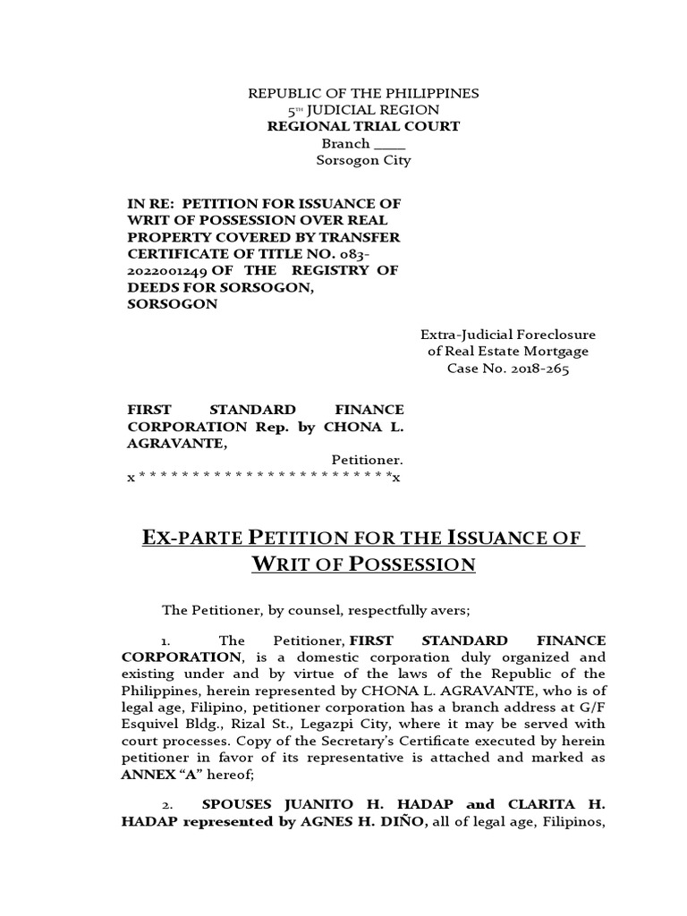 Petition For Issuance of Writ of Possession-FSFC | PDF | Mortgage Law | Foreclosure