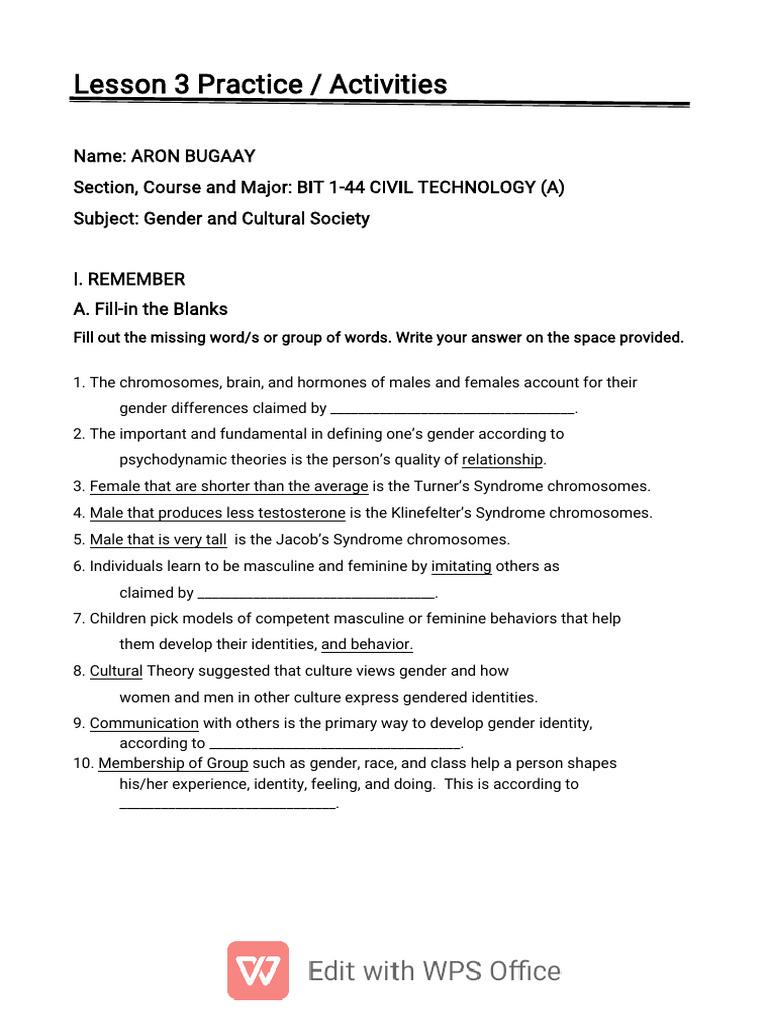 Lesson 3 Practice Activities | PDF | Gender | Gender Studies