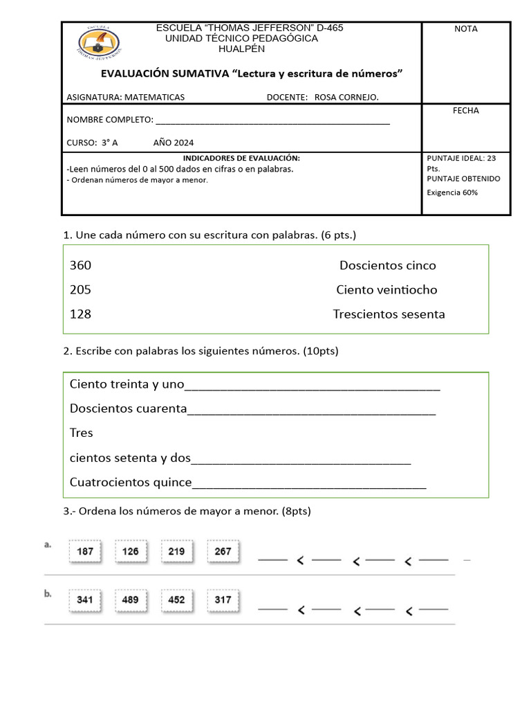 Evaluación de Números en Matemáticas | PDF
