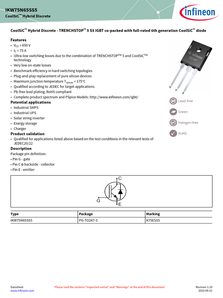 Infineon IKW75N65SS5 DataSheet v01 10 EN-3362295 | PDF | Electronic Engineering | Electronics