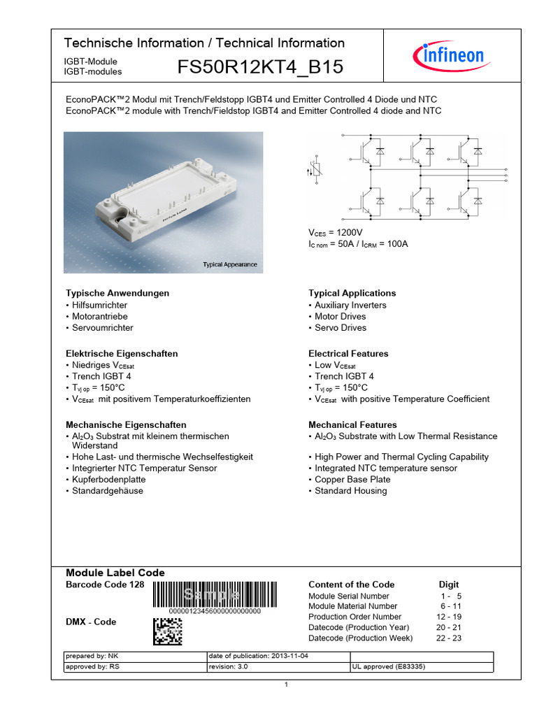 Infineon FS50R12KT4 B15 DS v03 00 EN-3078125 | PDF | Electrical Engineering